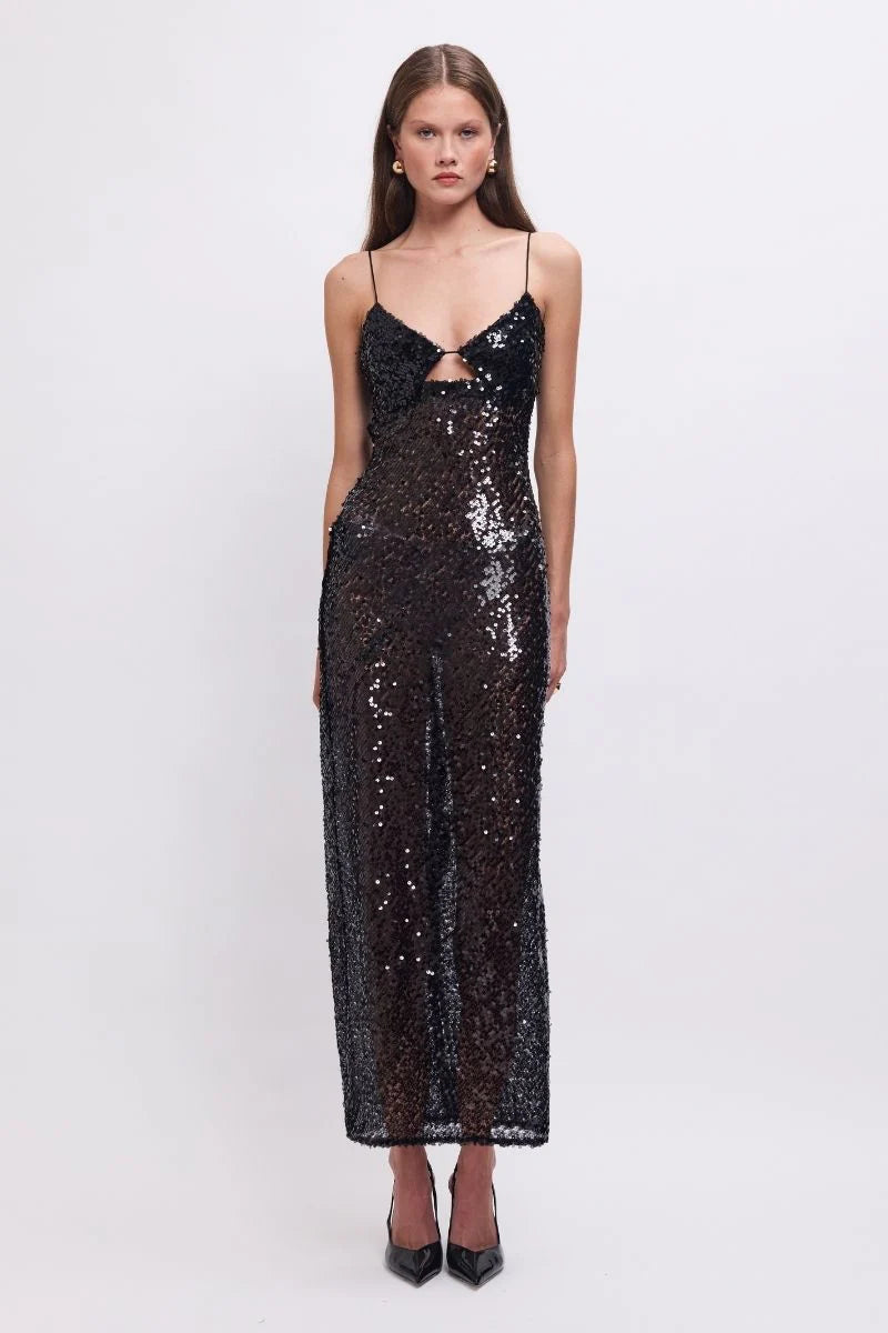 SUBOO - ALLURE SHEER SEQUIN MAXI DRESS (CHARCOAL)